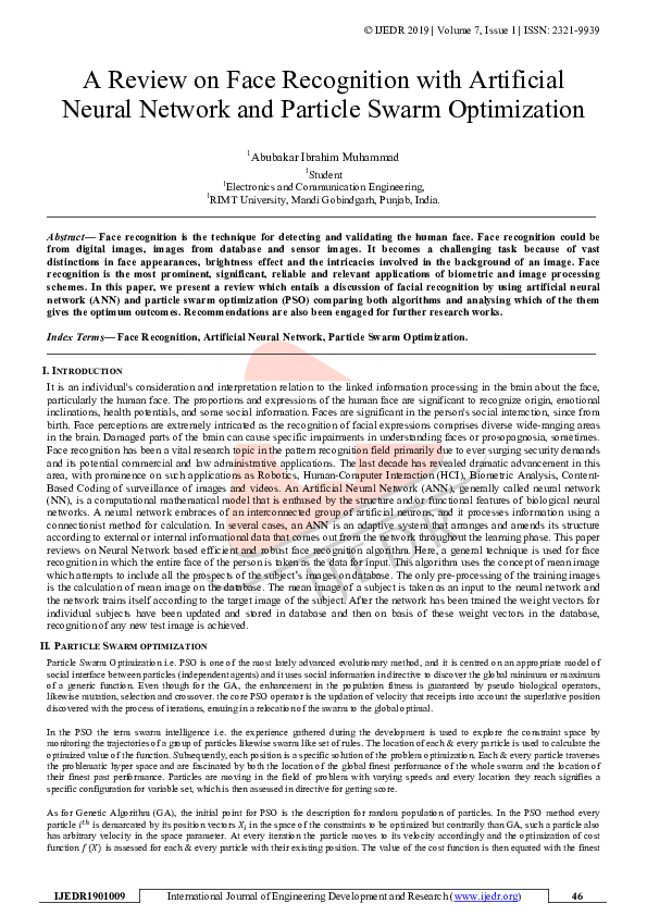 Pdf A Review On Face Recognition With Artificial Neural Network And Particle Swarm Optimization