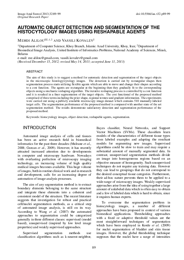 (PDF) Automatic Object Detection and Segmentation of the Histocytology Images Using Reshapable ...