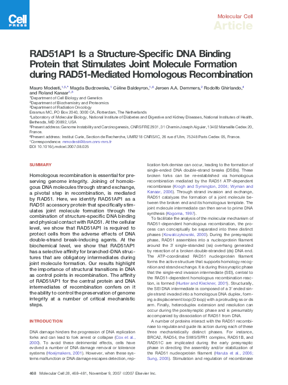 (PDF) RAD51AP1 Is a Structure-Specific DNA Binding Protein that ...