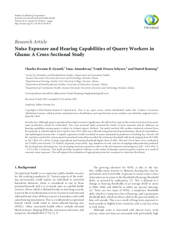 (PDF) Noise Exposure and Hearing Capabilities of Quarry Workers in ...