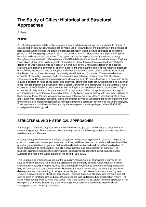 (PDF) The Study of Cities: Historical and Structural Approaches