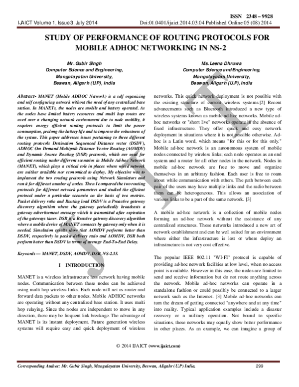 (PDF) STUDY OF PERFORMANCE OF ROUTING PROTOCOLS FOR MOBILE ADHOC NETWORKING IN NS-2