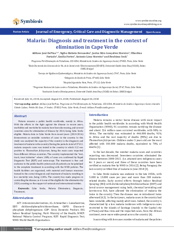 (PDF) Malaria: Diagnosis and treatment in the context of elimination in ...