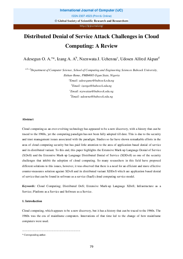 (PDF) Distributed Denial of Service Attack Challenges in Cloud Computing: A Review