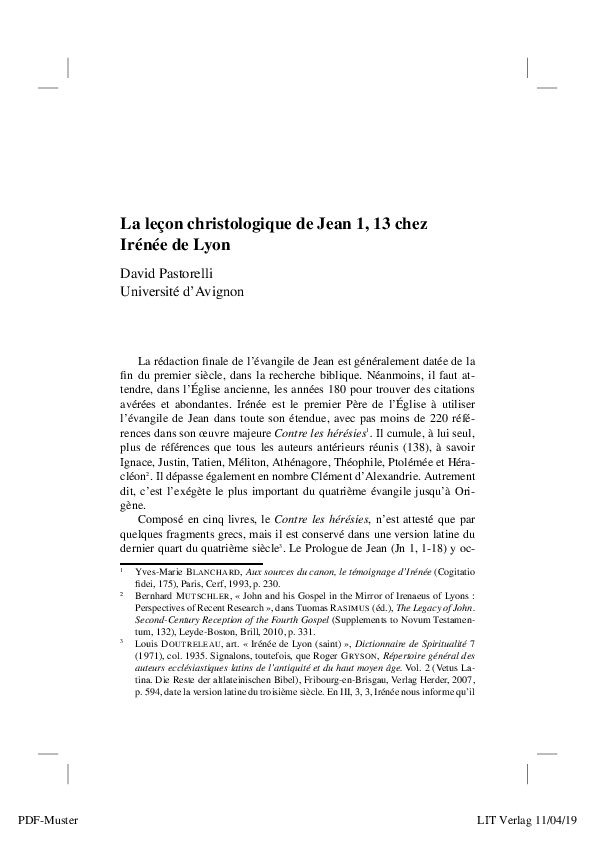 (PDF) « La leçon christologique de Jean 1, 13 chez Irénée de Lyon