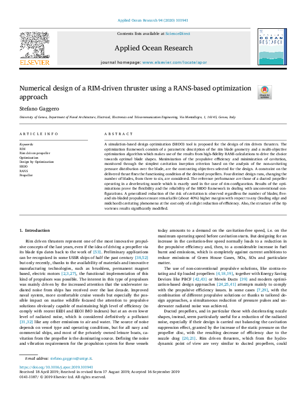 Pdf Numerical Design Of A Rim Driven Thruster Using A Rans Based Optimization Approach