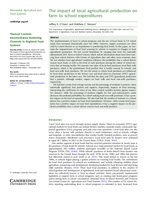 (PDF) The impact of local agricultural production on farm to school ...