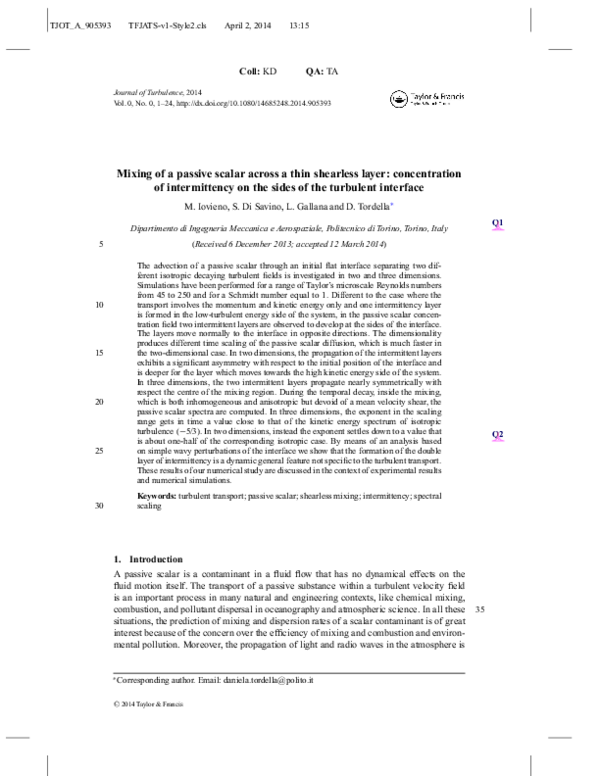 Pdf Mixing Of A Passive Scalar Across A Thin Shearless Layer Concentration Of Intermittency