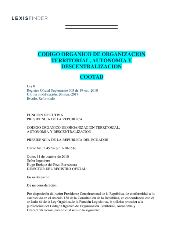 (DOC) CODIGO ORGANICO DE ORGANIZACION TERRITORIAL COOTAD