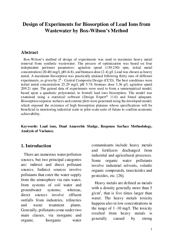 (PDF) Design of Experiments for Biosorption of Lead Ions from ...