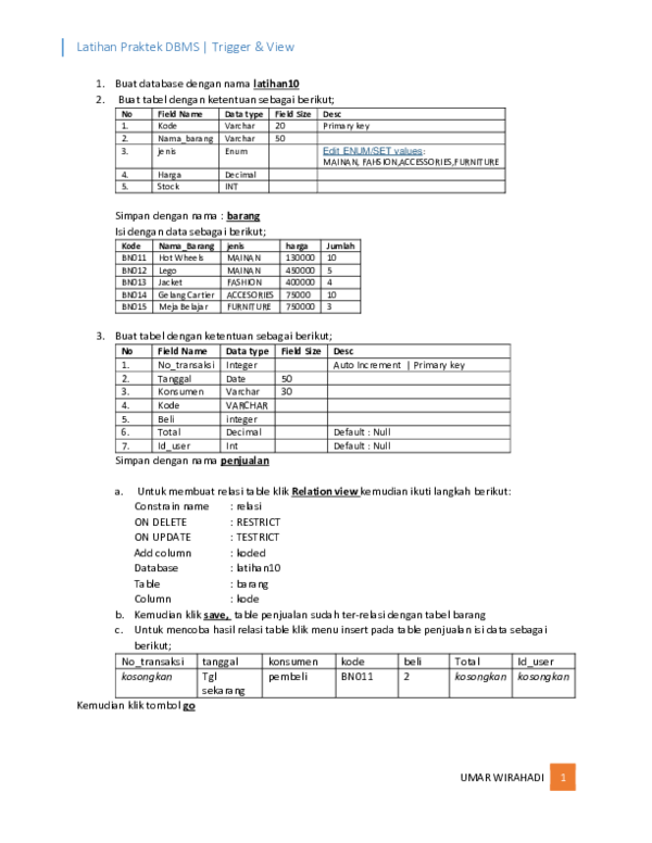 (PDF) Latihan Praktek DBMS Trigger & View (MySQL)