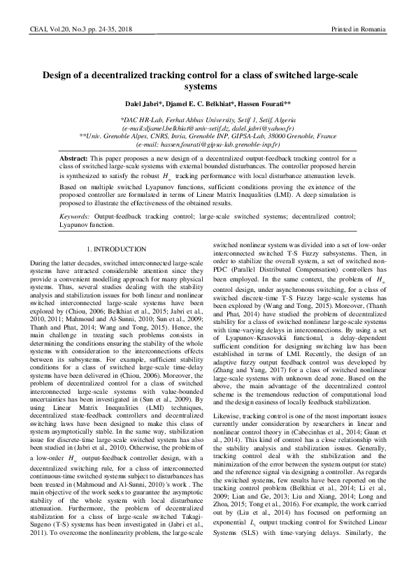 Pdf Design Of A Decentralized Tracking Control For A Class Of Switched Large Scale Systems
