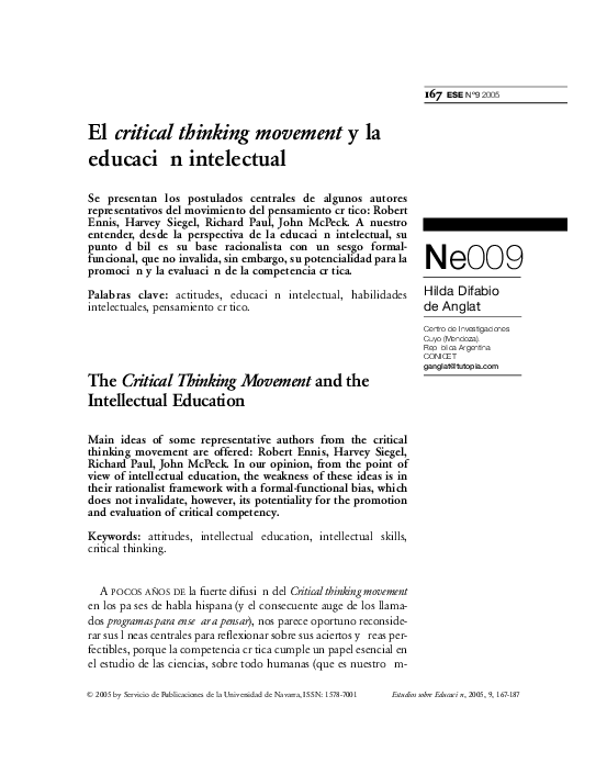 (PDF) El critical thinking movement y la educación intelectual