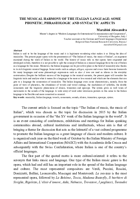 (PDF) THE MUSICAL HARMONY OF THE ITALIAN LANGUAGE: SOME PHONETIC ...