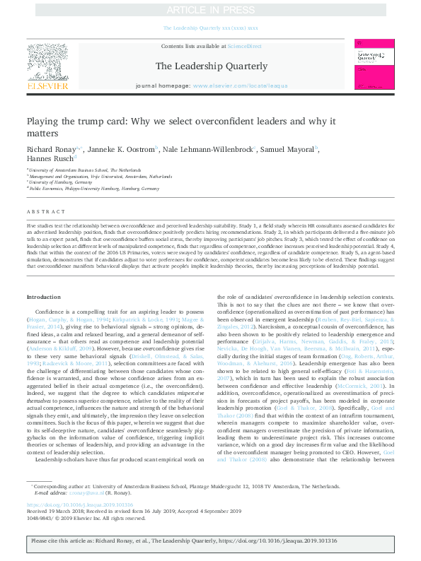 (PDF) Playing the Trump card: Why we select overconfident leaders and ...