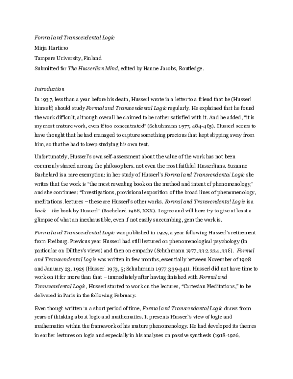 (PDF) Formal and Transcendental Logic | Mirja H Hartimo - Academia.edu