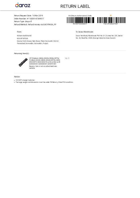 (PDF) RA (Return Authorization) Code RETURN LABEL | Shahid Naz ...