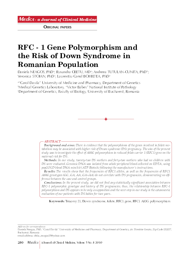 (PDF) RFC - 1 Gene Polymorphism and the Risk of Down Syndrome in ...