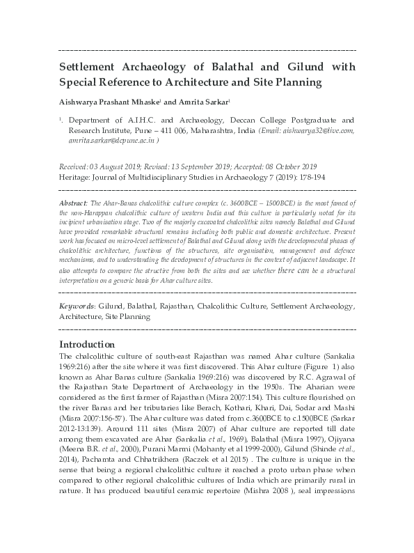 (PDF) Settlement Archaeology of Balathal and Gilund with Special ...