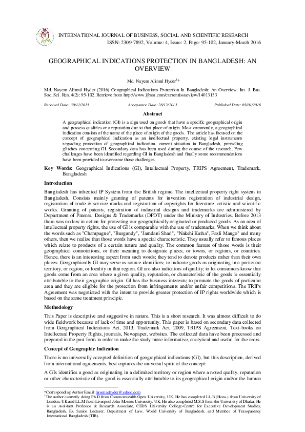 Pdf Geographical Indications Protection In Bangladesh An Overview