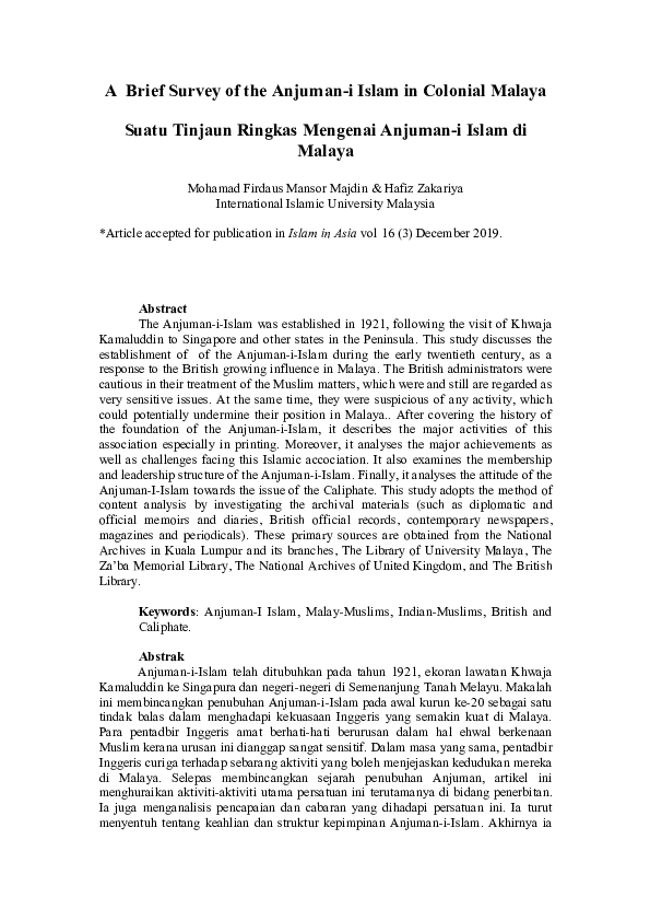 (PDF) A Brief Survey of the Anjuman-i Islam in Colonial Malaya