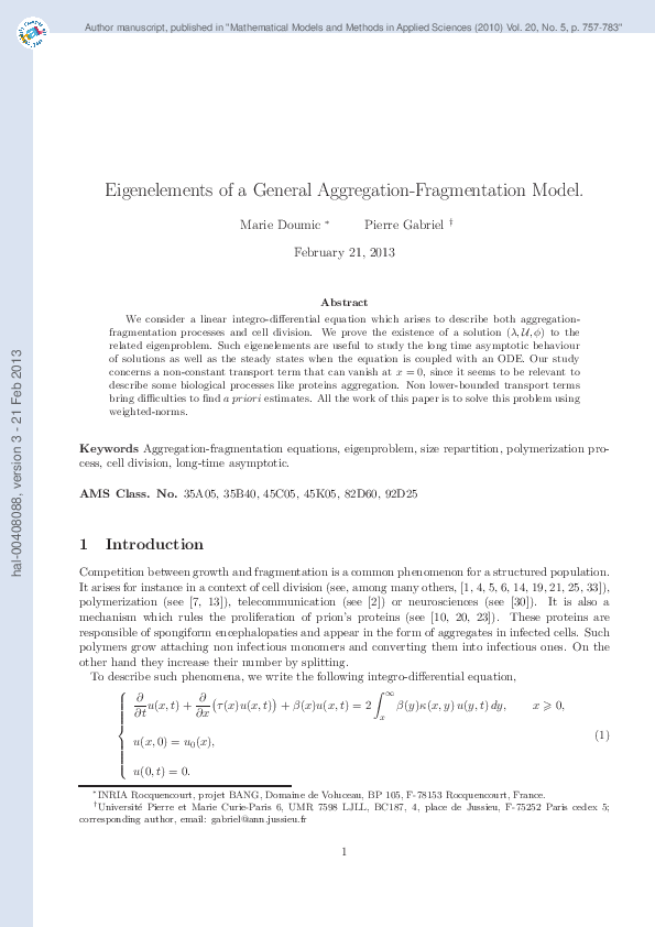(PDF) Eigenelements of a General Aggregation-Fragmentation Model