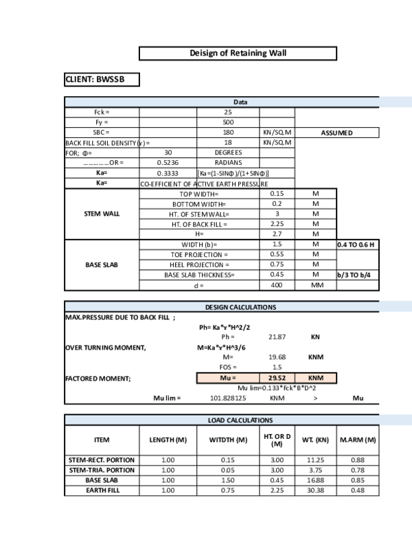 (XLS) DESIGN OF RC RET. WALL