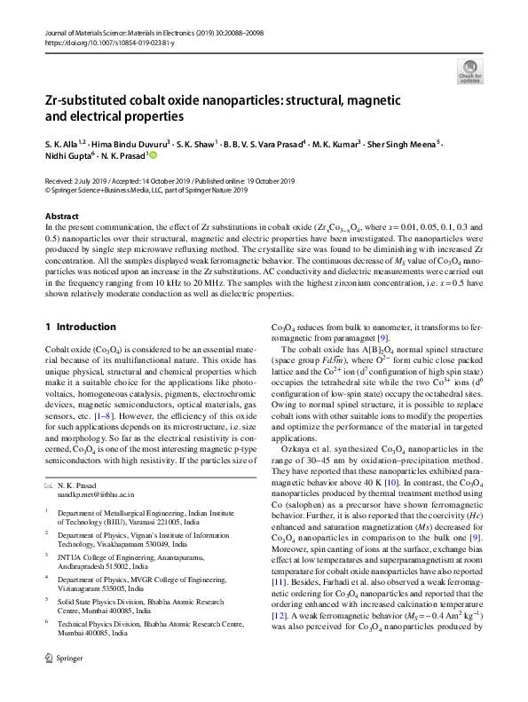 (PDF) Zr‑substituted cobalt oxide nanoparticles: structural, magnetic and electrical properties
