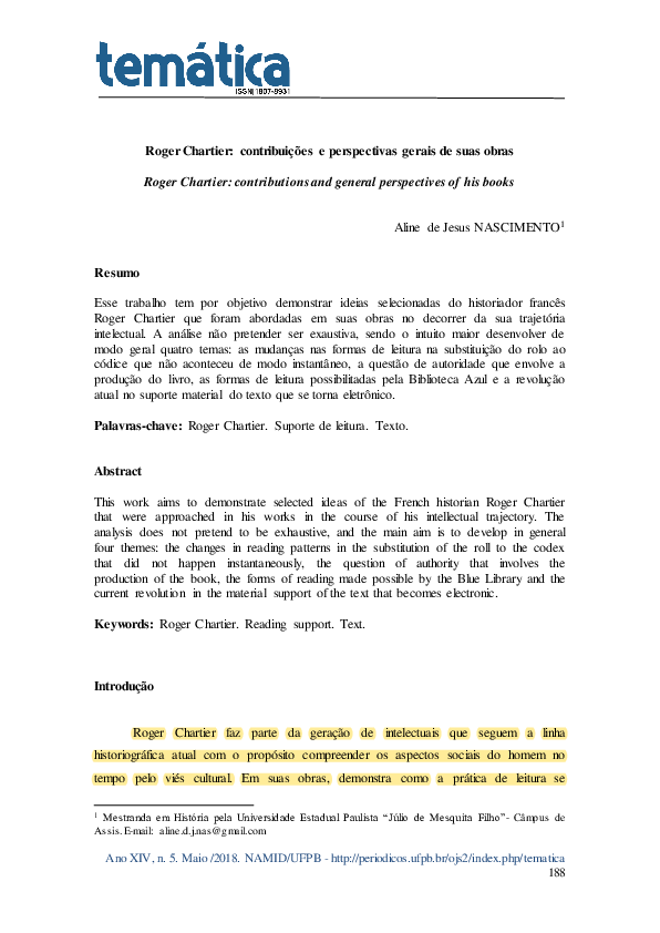 (PDF) Roger Chartier contribuicoes e perspectivas gerais de suas ...