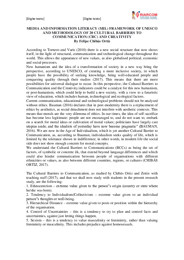 (PDF) MIL FRAMEWORK OF UNESCO AND METHODOLOGY OF 20 CULTURAL BARRIERS ...