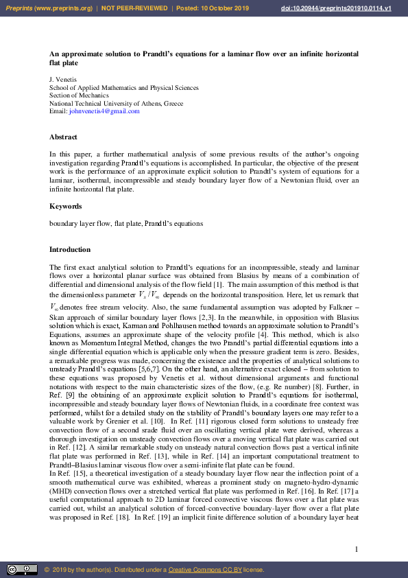 Pdf An Approximate Solution To Prandtls Equations For A Laminar Flow Over An Infinite