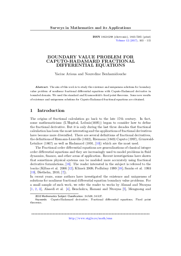(PDF) BOUNDARY VALUE PROBLEM FOR CAPUTO-HADAMARD FRACTIONAL DIFFERENTIAL EQUATIONS