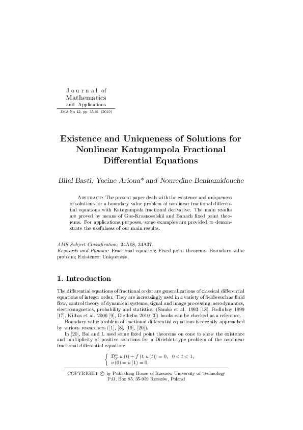 (PDF) Existence and Uniqueness of Solutions for Nonlinear Katugampola Fractional Differential ...