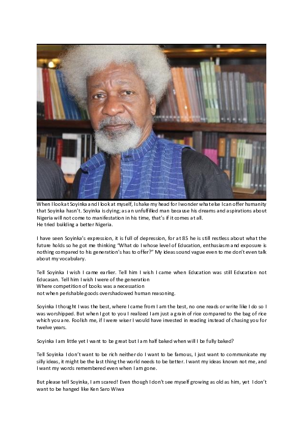(DOC) TELL SOYINKA I WISH I CAME EARLIER