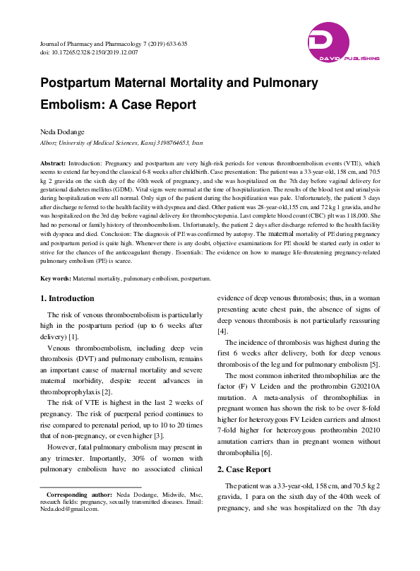 (PDF) Postpartum Maternal Mortality and Pulmonary Embolism: A Case Report