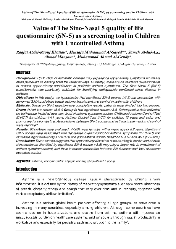 (PDF) Value of The Sino-Nasal 5 quality of life questionnaire (SN-5) as ...