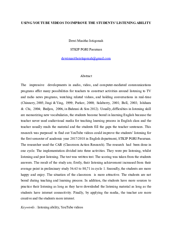 (PDF) USING YOUTUBE VIDEOS TO IMPROVE THE STUDENTS' LISTENING ABILITY