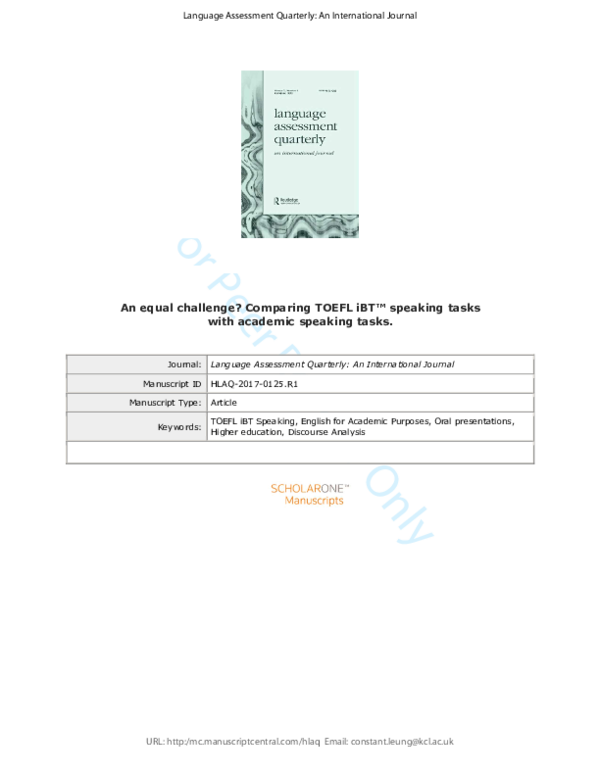 (PDF) Brown, A & Ducasse, A.M. 2019 An equal challenge? Comparing TOEFL ...