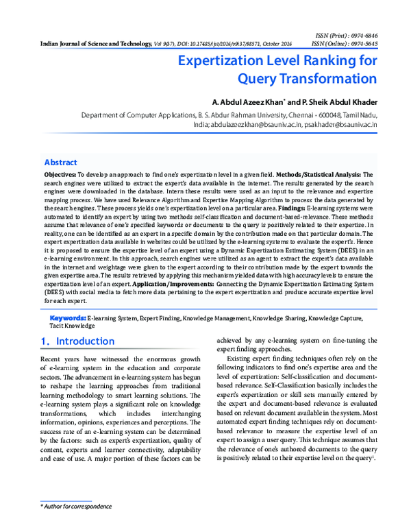 (PDF) Expertization Level Ranking for Query Transformation