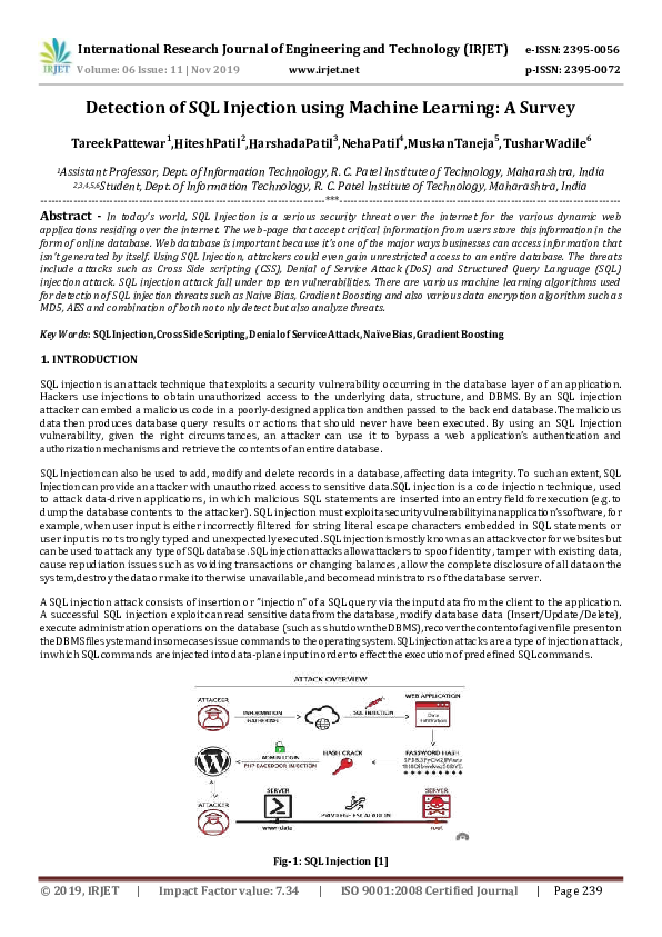 Pdf Irjet Detection Of Sql Injection Using Machine Learning A Survey