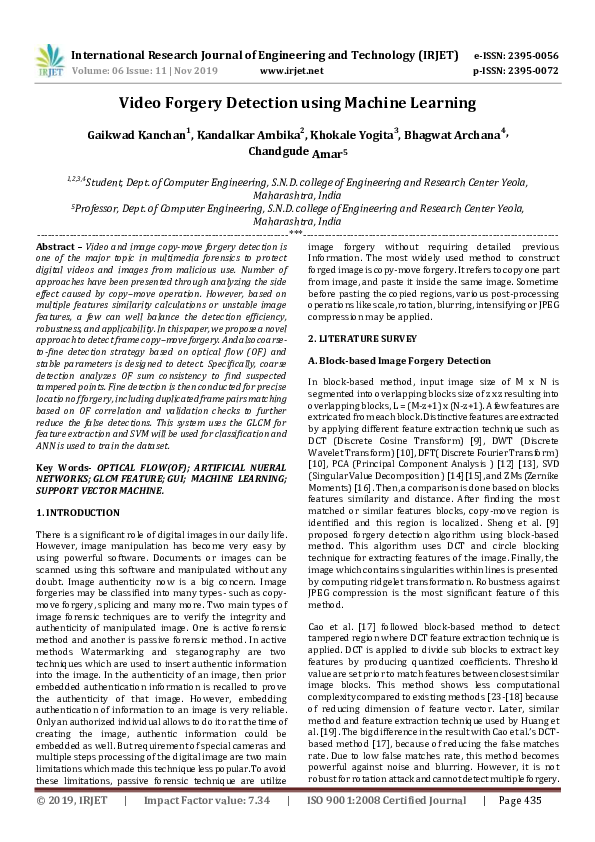 (PDF) IRJET- Video Forgery Detection using Machine Learning | IRJET Journal - Academia.edu
