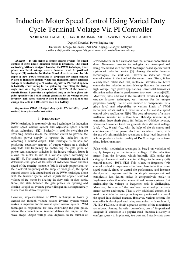 (PDF) Induction Motor Speed Control Using Varied Duty Cycle Terminal Volatge Via PI Controller