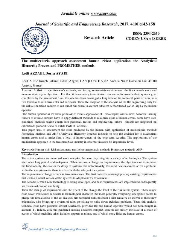 (PDF) The multicriteria approach assessment human risks: application the Analytical Hierarchy ...