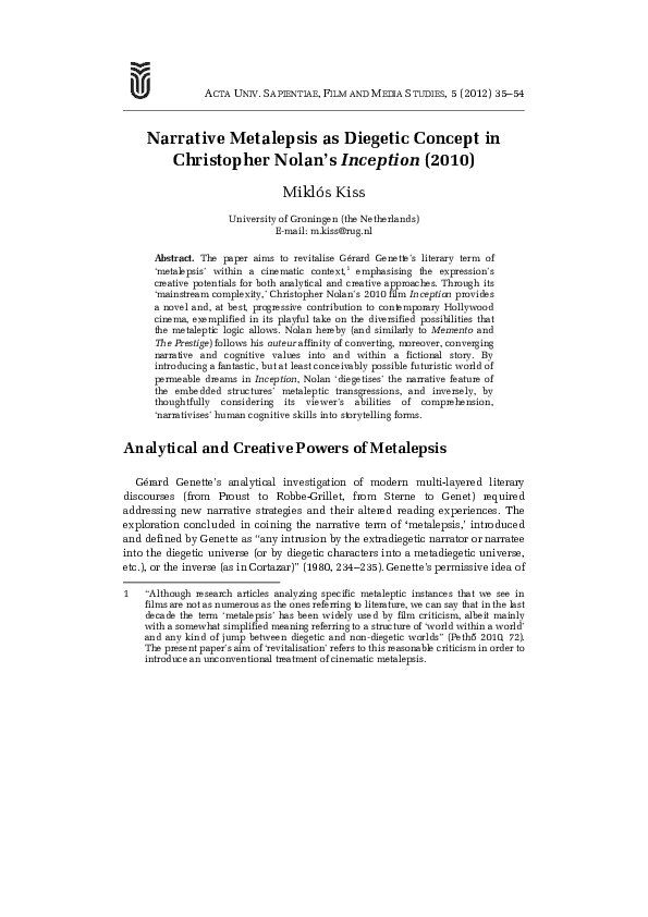 (PDF) Narrative Metalepsis as Diegetic Concept in Christopher Nolan's Inception (2010)