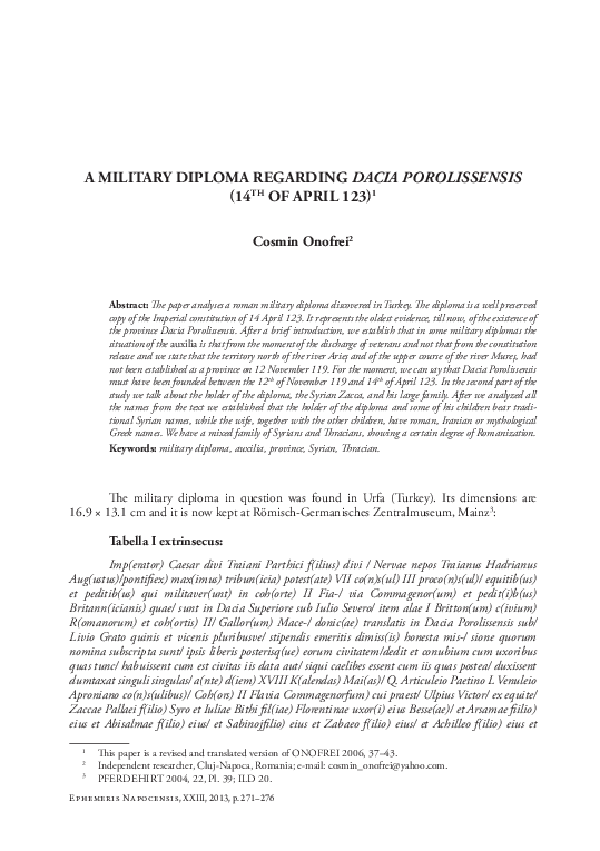 (PDF) A MILITARY DIPLOMA REGARDING DACIA POROLISSENSIS (14 TH OF APRIL ...