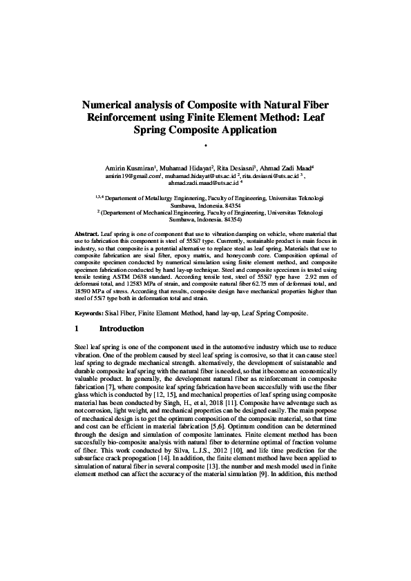 Pdf Numerical Analysis Of Composite With Natural Fiber Reinforcement Using Finite Element
