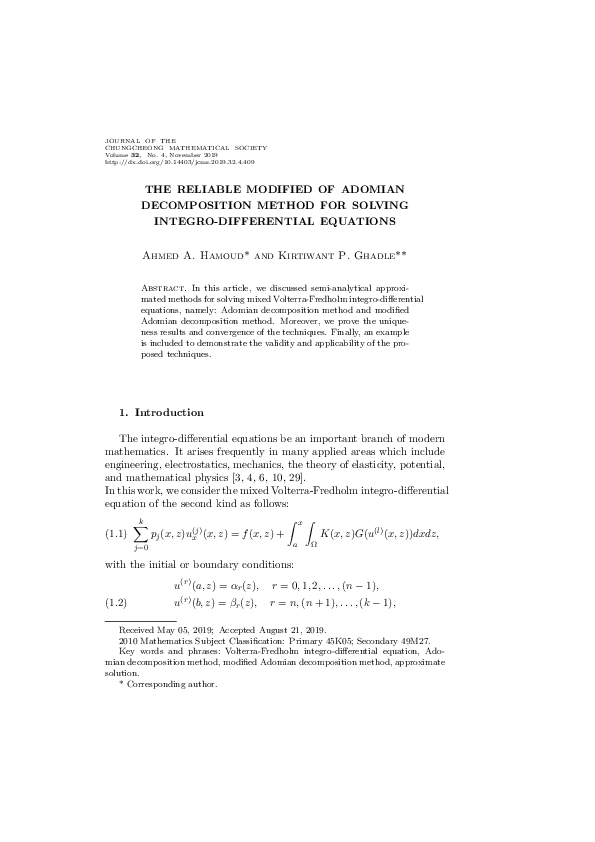 Pdf The Reliable Modified Of Adomian Decomposition Method For Solving Integro Differential