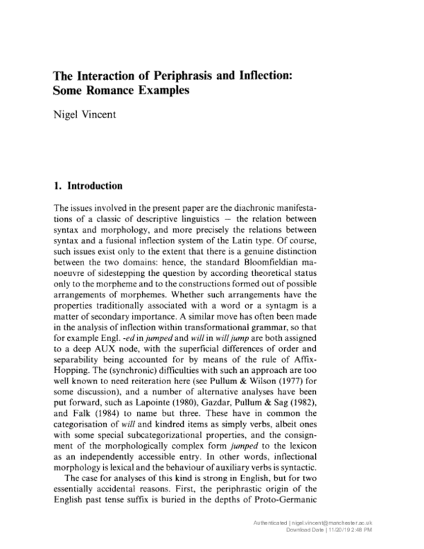 (PDF) The Interaction of Periphrasis and Inflection: Some Romance Examples