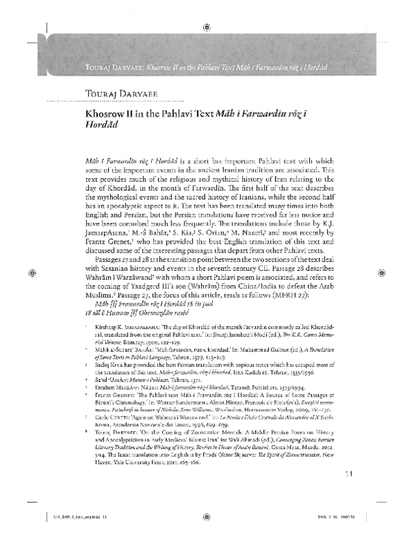 (PDF) Khosrow II in the Pahlavi Text Mah i Frawardin roz i Hordad