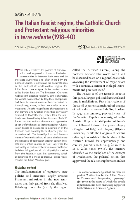 (PDF) The Italian Fascist regime, the Catholic Church and Protestant ...